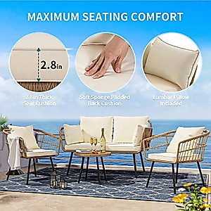 YITAHOME 4 Pieces Patio Furniture Set, Wicker Balcony Bistro Set, Outdoor All-Weather Rattan Conversation Set with Loveseat Chairs Table Soft Cushions for Backyard, Pool, Deck, Garden - Beige