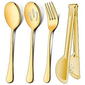 LIANYU 3 Large Gold Serving Spoons, 3 Gold Slotted Serving Spoons, 3 Gold Serving Forks, 3 Gold Serving Tongs, 9.8 Inch Stainless Steel Buffet Catering Serving Spoons Forks Set, Dishwasher Safe