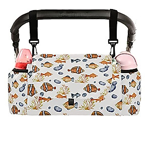 Sinestour Watercolor Clown Fishes Stroller Organizer with Cup Holder Universal Stroller Organizer Bag Detachable Shoulder Strap Stroller Accessories for Diaper Keys Phone Toys Fit All Baby Stroller