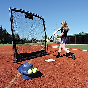 Jugs Toss Machine with 1-Dozen Sting-Free Game-Ball Yellow Dimpled Softballs, Holds up to 10 Softballs, Tosses One Ball Every 5 Seconds, Rechargeable, Runs up to 8 Hours