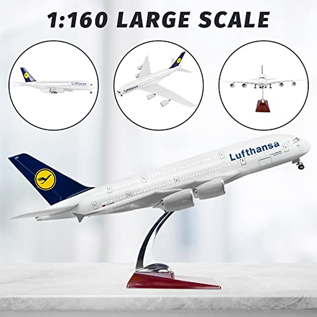 Lose Fun Park 1:160 Scale Large Model Airplane Lufthansa 380 Plane Models Diecast Airplanes with LED Light for Collection or Gift