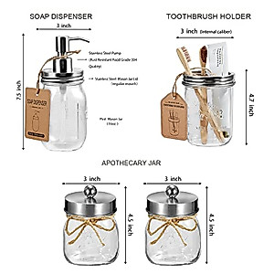 Mason Jar Bathroom Accessories Set- 6PCS - Lotion Soap Dispenser,Toothbrush Holder,2 Apothecary Jars(Qtip Holder), Soap Dish,Storage Organizer Basket - Rustic Farmhouse Decor (Brushed Nickel)