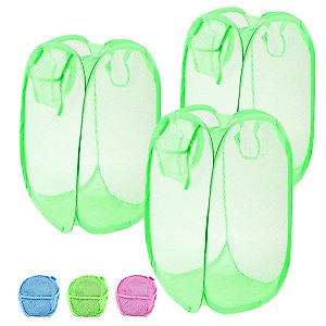 3PCS Mesh Laundry Pop-Up Hampers ，Foldable Clothes Washing Laundry Basket Bins ，Handles Kids’ Garments Hamper， for Storage Room ，Kids Toys， College Dorm ，Home Organization Travel Use (Green)