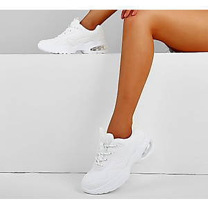 LUCKY STEP Women‘s Air Cushion Fashion Sneakers Platform Casual Walking Resistant Tennis Shoes Hologram Leather Comfortable Travel Sneakers(All White,9B(M) US)