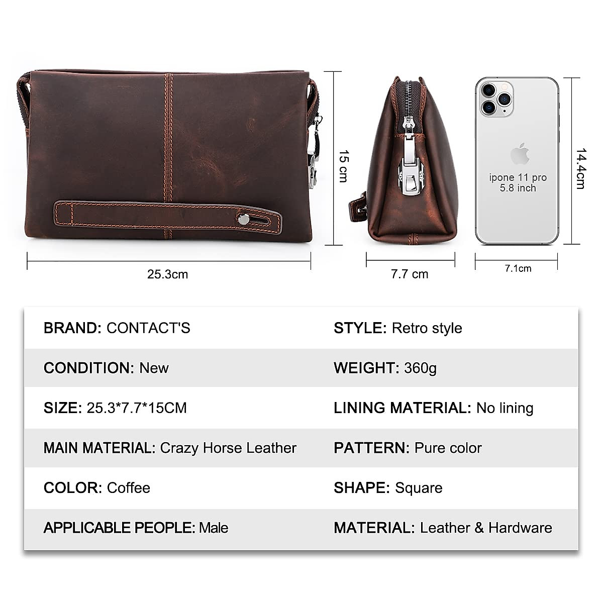 Leather Men Clutch Purse Bag Handmade Purse Wristlet Handbag Envelope Code Lock Wallet Anti Theft Clutch Purse Phone Holder Travel Bag, Coffee