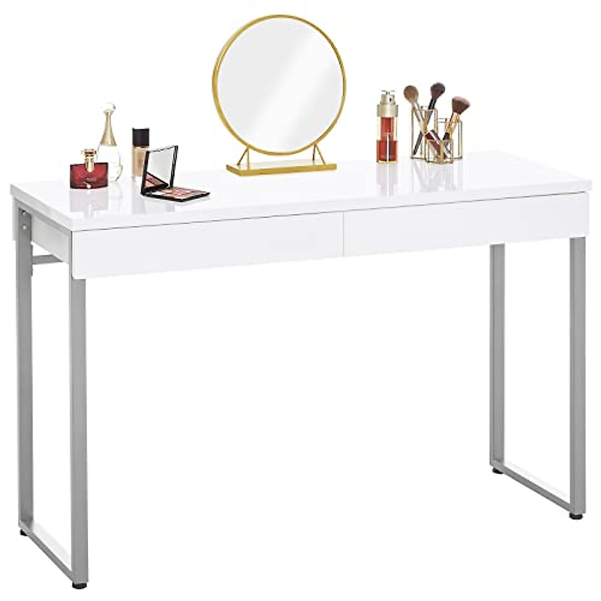 GreenForest Vanity Desk with 2 Drawers Glossy White 47 inch Modern Home Office Computer Writing Desk Makeup Dressing Table with Metal Silver Legs for Bedroom,Without Mirror