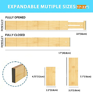 GZOOGHOME 6 Pack Bamboo Drawer Dividers with 12 Inserts, Expandable Adjustable Clothes Drawer Organizers and Storage from 17" to 22" for Kitchen, Bedroom, Dresser, Cosmetics (Natural)