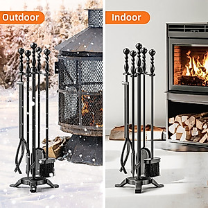 COMFYHOME 5 Piece Fireplace Tools Set, 32'' Heavy Duty Fireplace Tools with Stand, Fire Poker, Shovel, Tongs, Brush, Black Handle Fireplace Kits for Indoor Modern Chimney, Wood Stove, Outdoor Fire Pit