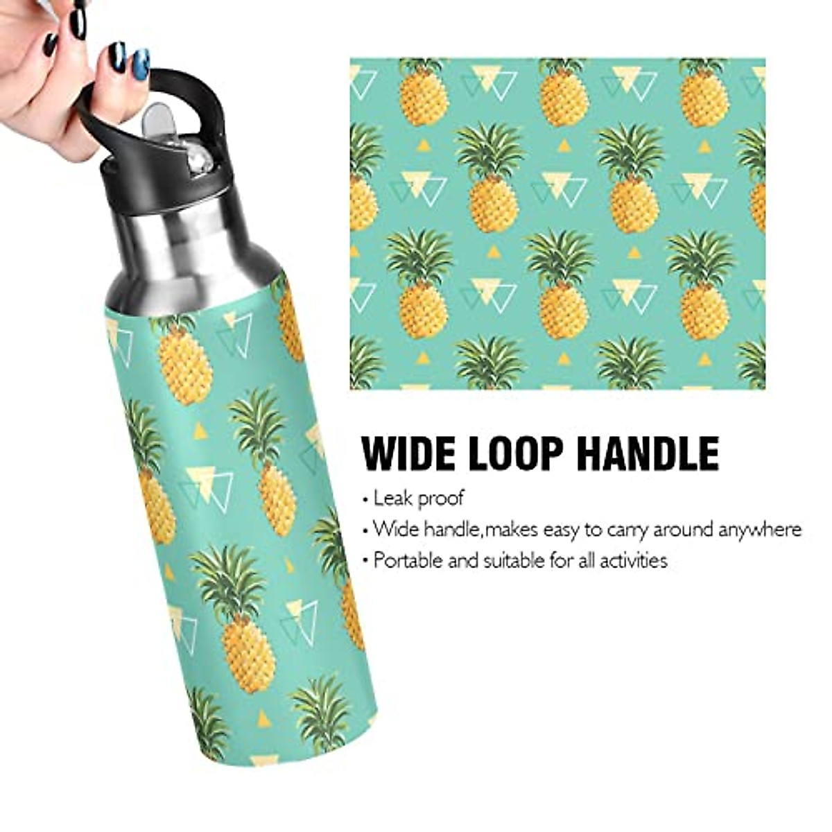 Sports Water Bottle - BPA Free Leakproof Vacuum Pineapple and Triangle Pattern Insulated Stainless Steel Water Jug, Thermo Bottle with Straw Lid for Gym, Kitchen, Working, Outdoor Sport
