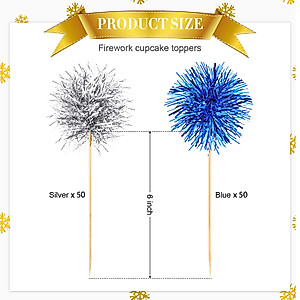 Chinco 100 Pcs Foil Firework Cupcake Toppers Sparkle Tinsel Cake Toppers Cake Decoration Cocktail Fruit Toothpick for Birthday Wedding Graduation Party(Silver, Blue)