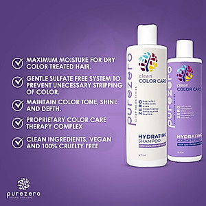 Purezero Clean Color Care Hydrating Shampoo & Conditioner Set - Toning, Balance for Color Treated Hair - Hydrate Dry Hair - Zero Sulfates, Parabens