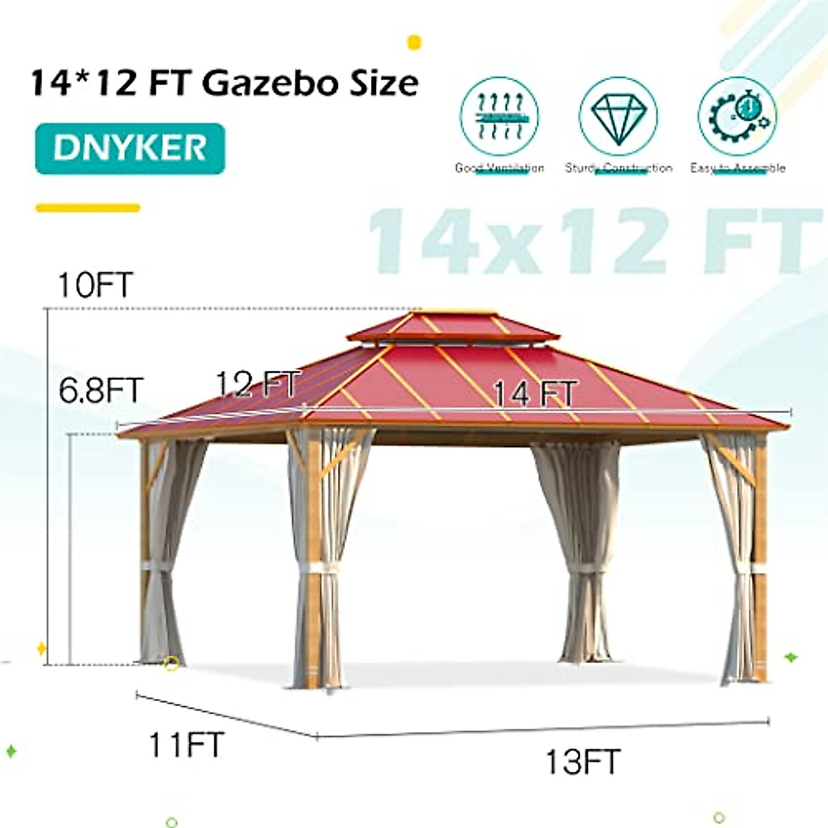 Gazebo 12 x 14 Hard top Gazebo Outdoor Aluminum Composite Wood Looking Double Roof with Grill Gazebo Curtain and Mosquito Net for Patio, Lawn, Garden, Deck…