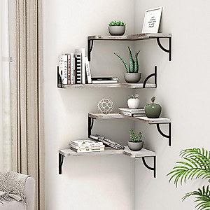 Canupdog Corner Floating Shelf Wall Mount 4 Tier Wood Floating Shelves, Easy-to-Assemble Tiered Wall Storage, Wall Organizer for Bedrooms, Bathrooms, Kitchens, Offices (Rustic White)