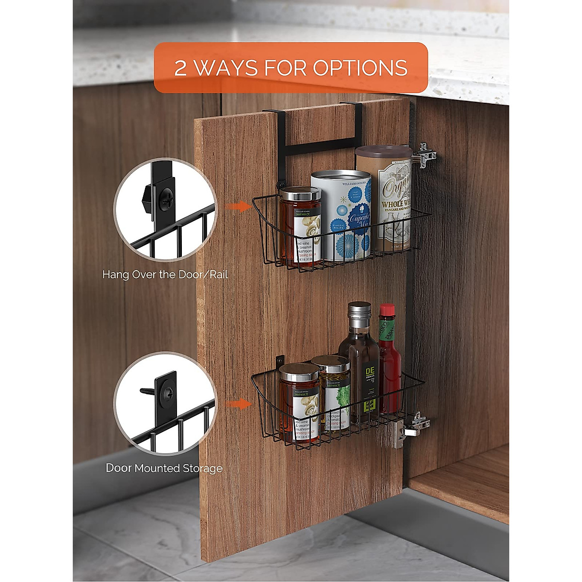 MaraFansie Grid Storage Basket, Over the Cabinet Door Organizer, Wire Hanging Basket with Hook Over the Cabinet/Railing, Under Sink Kitchen Cabinet, Pantry, Bathroom, Small, Black, 2 Pack