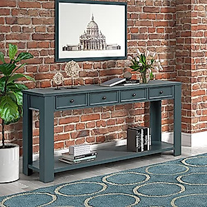 INMOZATA Rustic 4-Drawer Console Sofa Table with Storage Shelf, 63 inch Long Entry Side Table Wooden Entryway Hallway Foyer Living Room Sofa Table,Blue