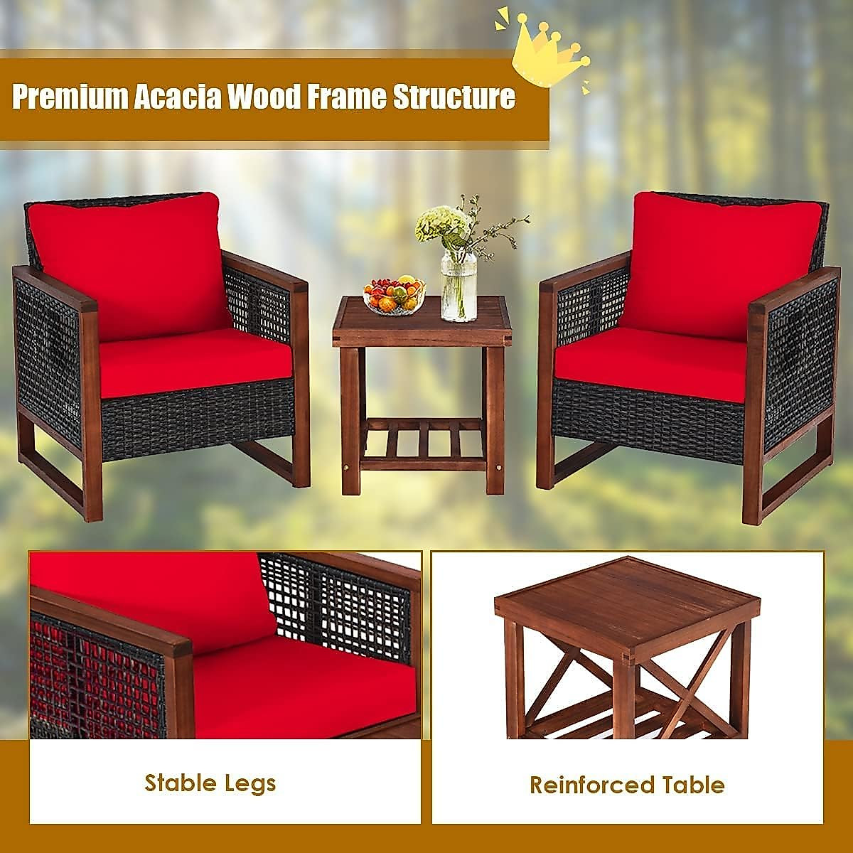 LDAILY 3 Pieces Patio Furniture Set, Rattan Outdoor Front Porch Chairs with Wood Coffee Table & Cushion, Comfy Wicker Conversation Patio Set for Movie Seating, Balcony, Garden, Poolside (Red)