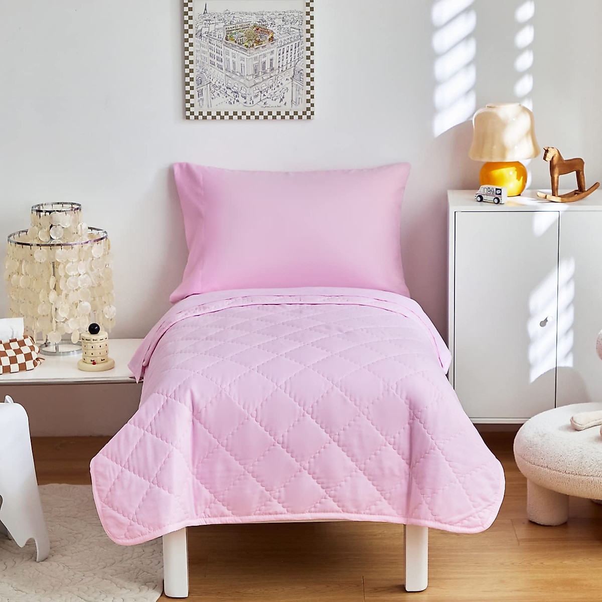 Pink Quilted Toddler Bedding Set 4 Pieces Summer Toddler Bed Quilt Set Includes Toddler Size Bedspread, Flat Sheet, Fitted Sheet and Pillowcase