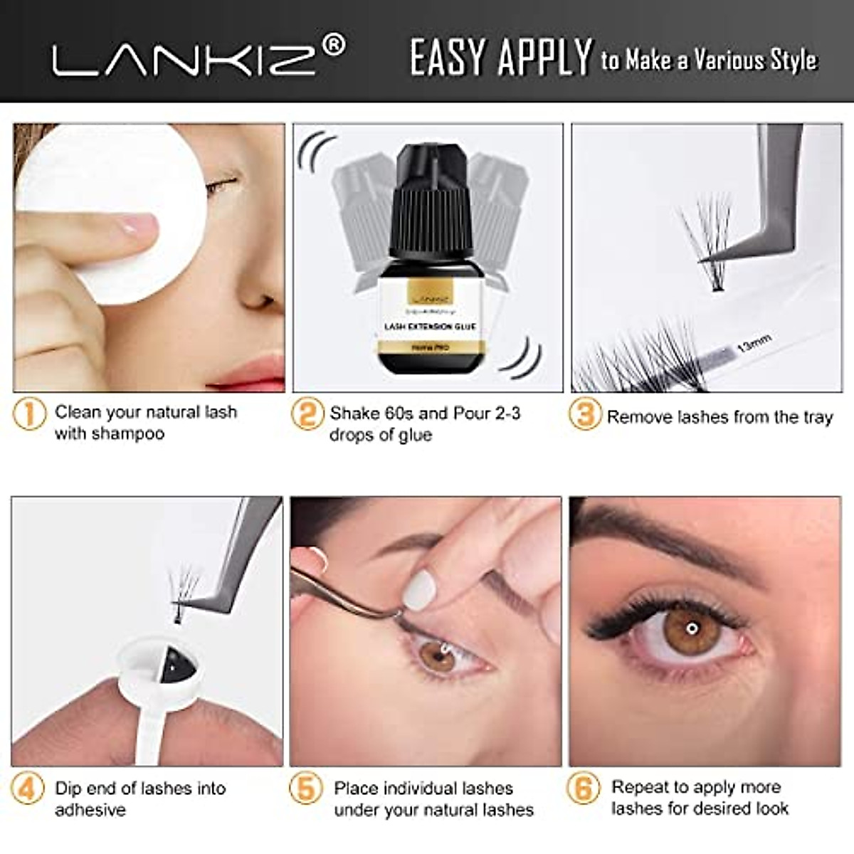 Home PRO DIY Lash Extension Kit for Home Use - LANKIZ Luxury Eyelash Extensions System for Self Application - Pack of Individual Sensitive Eyelash Extension Glue, Lash Tweezer & Shampoo