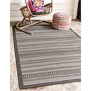 Unique Loom Outdoor Border Collection Transitional Indoor & Outdoor Casual Striped Tonal Moroccan Area Rug, 2 ft 2 in x 3 ft, Gray/Dark Gray