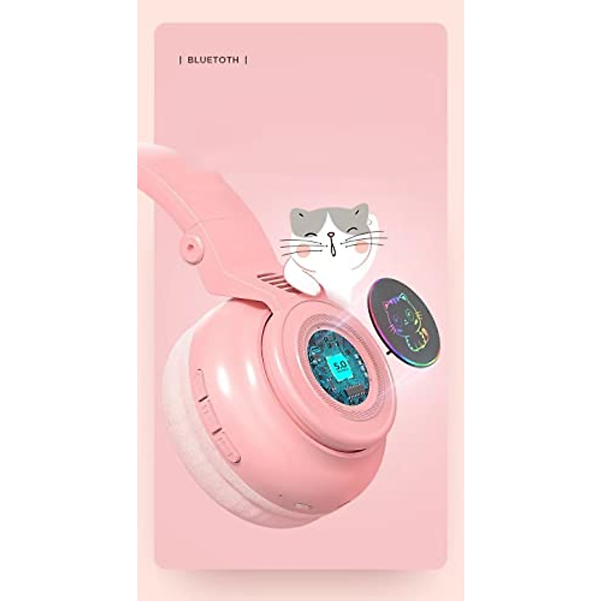 Headset Cat Ears Bluetooth Earphone Wireless Gaming Noise Cancelling 8 Hours with Mic USB Virtual Reality Detachable Cute Luminous Mouse Ear Rainbow RGB Flashing Light On-Ear Headphone (Pink) (ER-1)