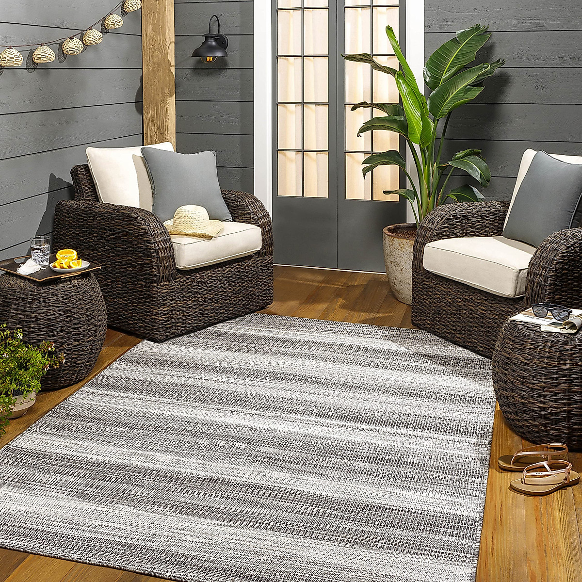 Mark&Day Outdoor Rugs, 8x10 Kyrenia Modern Indoor/Outdoor Charcoal Area Rug, Non Shedding Grey Beige Carpet for Patio, Porch, Deck, Bedroom, Living Room or Kitchen (7'7" x 10')