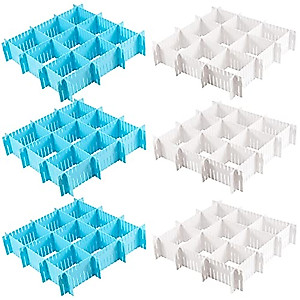 SINJEUN 64 Pcs Plastic DIY Grid Drawer Divider Plastic Grid Drawer Separators, Plastic Adjustable Drawer Storage Organizer for Socks, Makeup, Clothes, Kitchenware, Office Supplies, 32 Blue, 32 White