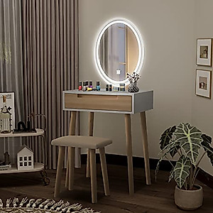 YOURLITE Makeup Vanity Table Set with 3 Modes Adjustable Lighted Mirror Cushioned Stool, Dressing Table for Small Space