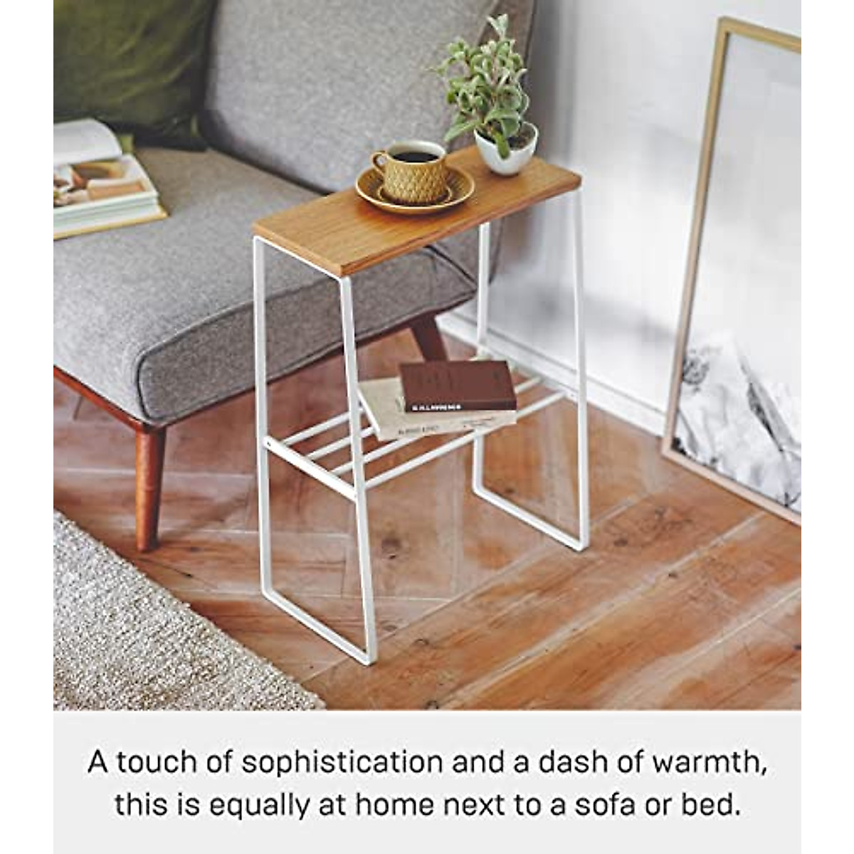 Yamazaki Home Narrow Living Room End Table - Slim Side Storage Shelf Stand Furniture Metal and Wood Modern Skinny Accent Table Steel + WoodWhite
