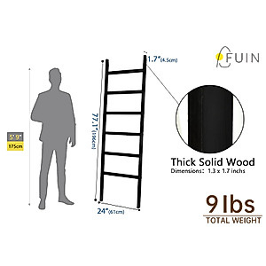 FUIN 6.4ft Extra Wide Wooden Blanket Ladder Living Room Decorative Wal Leaning Farmhouse Quilt Display Holder Rustic Wood Towel Rack for Bathroom, Black, 24 inch Wide