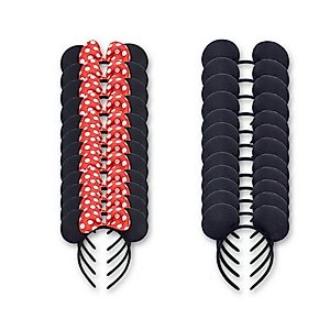 winvin Set of 24 Mouse Costume Deluxe Fabric Ears Headband White Polka Dots Bow Boys Girls Birthday Party Hairs Accessories Baby Shower Headwear Halloween Party Favors Decorations (Black Red)