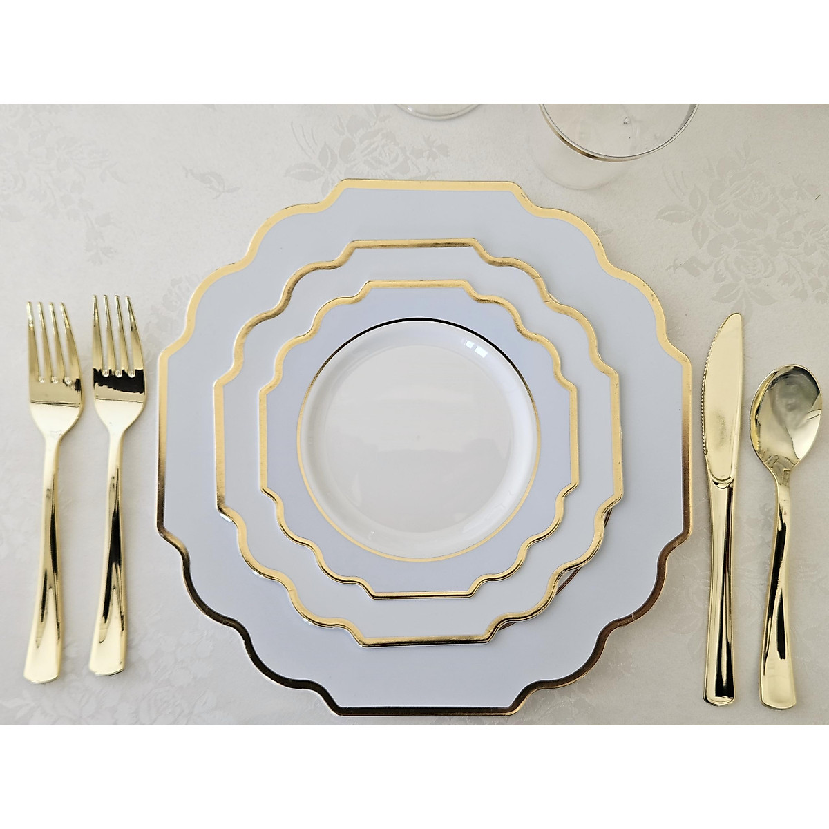 " OCCASIONS " 50 Plates Pack (25 Guests)-Heavyweight Wedding Party Disposable Plastic Plate Set -(25x10.5'' Dinner + 25x8'' Salad/dessert (Imperial in White/Blue & Gold)