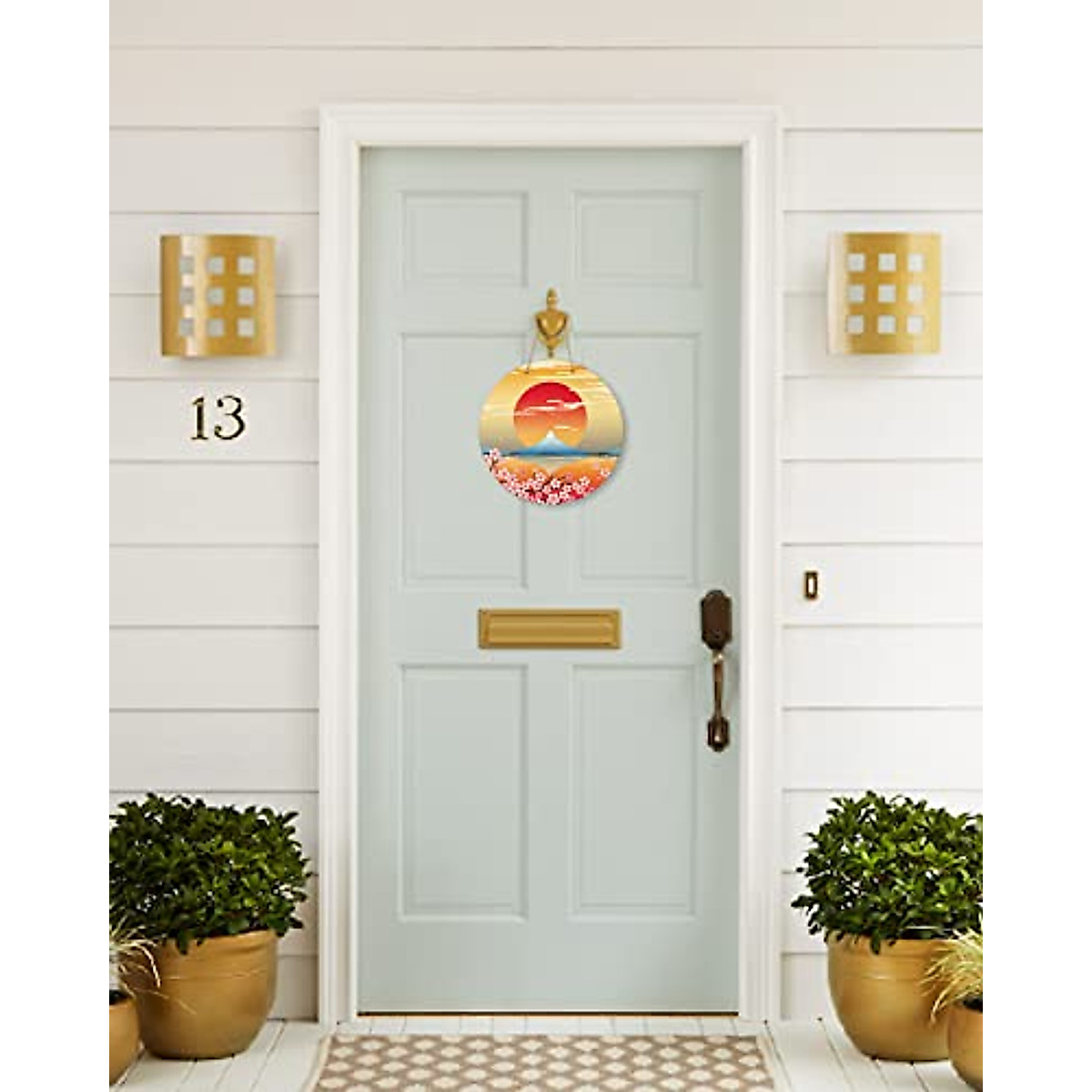 Welcome Wood Wall Hanging Sign (10"x10"), Japanese Mount Fuji Cherry Blossom Sunset Welcome Sign for Front Door, Round Hanging for Home Office Kitchen Farmhouse Garden