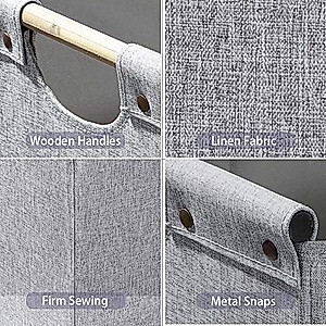 HOONEX Large Foldable Storage Bins, Linen Fabric, 2 Pack, with Wooden Carry Handles and Sturdy Heavy Cardboard, for Home, Office, Car, Nursery, Light Grey