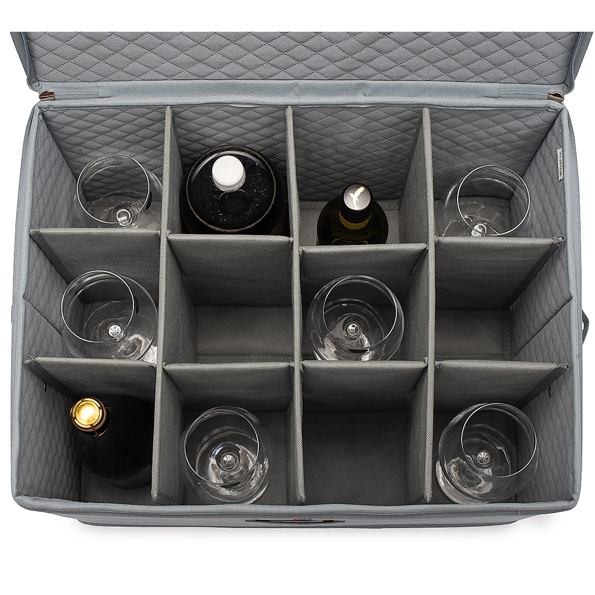 XX-Large Tall Stemware Wine Glass Storage Container (20x15.5x13.2 In). Fully Padded 12-Large Compartments With Hard Top, Bottom and Sides. For Wine Bottles, Glasses, Flutes Up To 13.2 Inches Tall