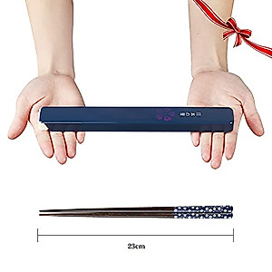 Top Grade Japanese Natural Wood Chopsticks, 1 Pair with Case, Reusable Classic Style, Value Gift Set(Blue)