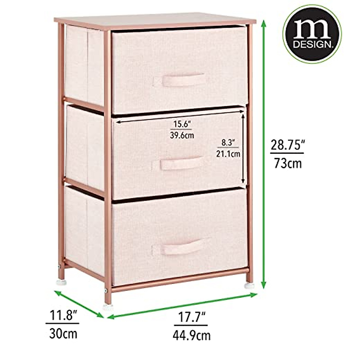 mDesign Steel Top and Frame Storage Dresser Tower Unit with 3 Removable Fabric Drawers for Bedroom, Living Room, or Bathroom - Holds Clothes, Accessories, Lido Collection - Light Pink/Rose Gold