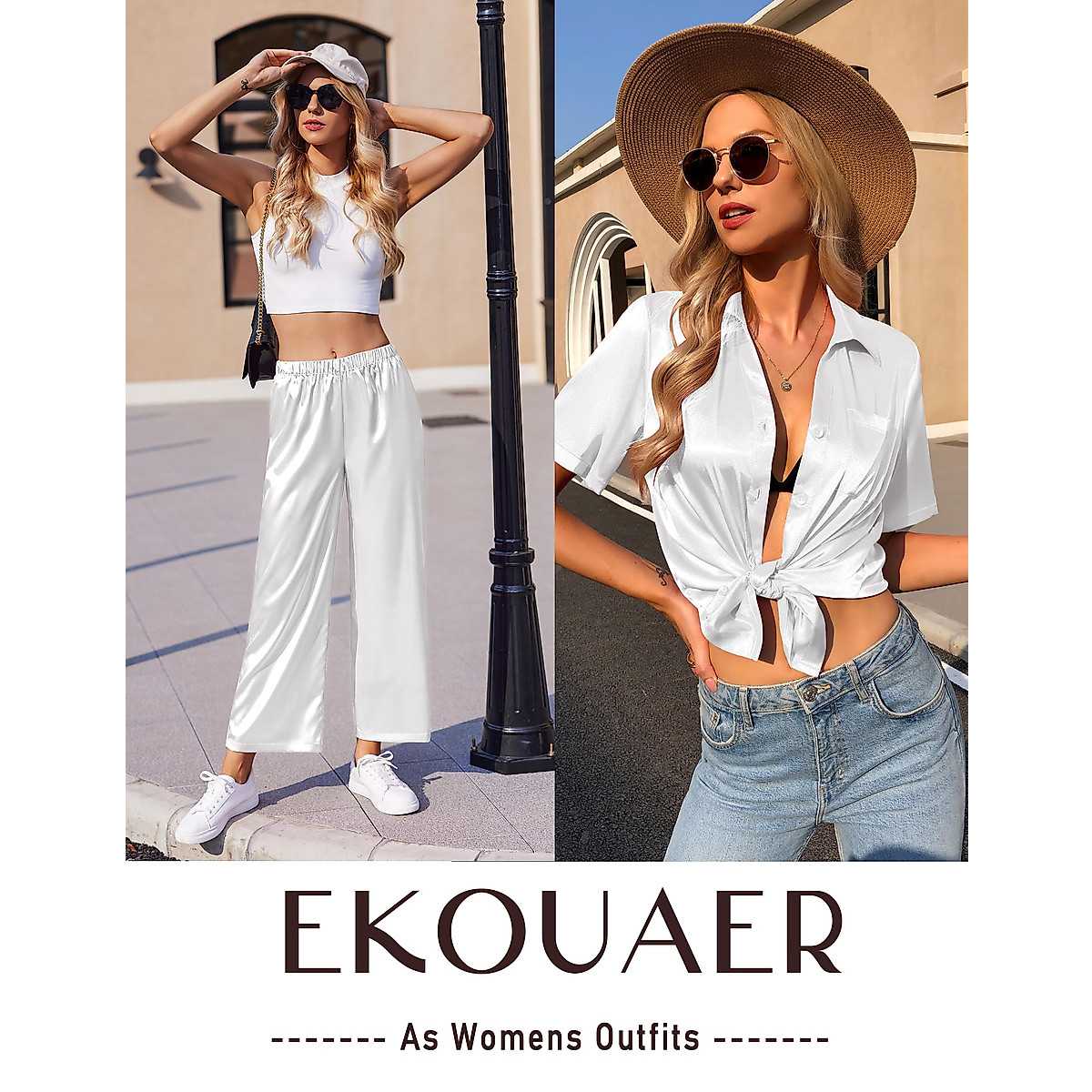 Ekouaer Womens Silk Satin Pajama Sets 2 Piece Pjs Soft Button Down Sleepwear Wide Leg Long Pants Loungewear with Pockets White