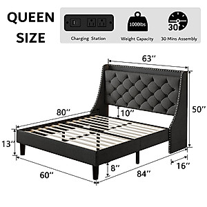 iPormis Queen Bed Frame with 16" Comfort Wingback & Charging Station, Upholstered Platform Bed with Button Tufted Storage Headboard, Solid Wood Slats Support, No Box Spring Needed, Dark Grey