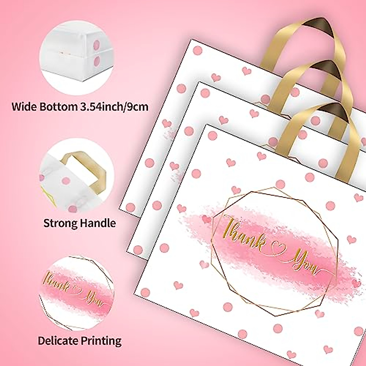 WAKAKO 60Pcs Thank You Bags Plastic Shopping Bags with Handles, Extra Large Thick 18 x 16 Inch Retail Merchandise Gift Bags for Small Business, Polka Dot Heart