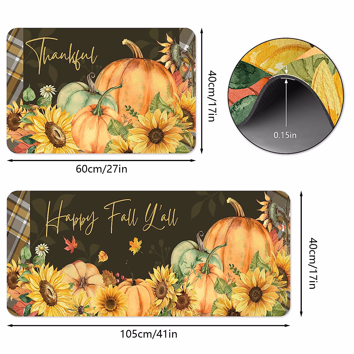 APROPHIC Autumn Kitchen Mats for Floor Buffalo Plaid Kitchen Rug Pumpkin Sunflower Absorbent Non-Slip Runner Rug for Festive Decor, Cushioned Standing,17x24 + 17x41 in
