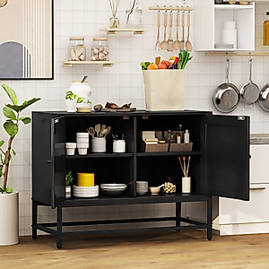 AWQM Buffet Cabinet with Storage, Set of 2, Rattan Buffet Cabinet with 2 Doors, Adjustable Shelves and Sturdy Metal Frame, Modern Accent Sideboard Cabinet for Kitchen, Dining Room, Living Room - Black