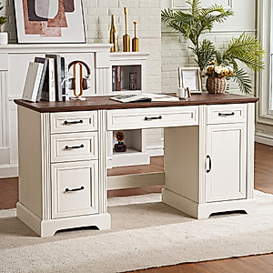 AHB 58" Executive Desk, Home Office Desk with Drawers and Cabinet, Wooden Workstation with Storage, Farmhouse Desk for Writing, Studying, Working