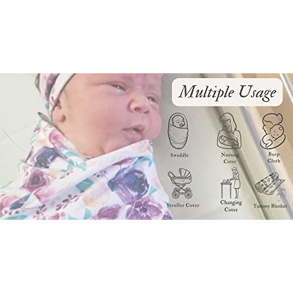 Terriboo Newborn Floral Print Blanket Baby Stretch Wrap Swaddle Blanket Receiving Blanket with Matching Headband and Beanie