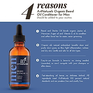 Artnaturals Beard Oil - Unscented Conditioner and Growth Oil - Vegan and Paraben Free with Argan, Vitamins E and Jojoba Oil for Men