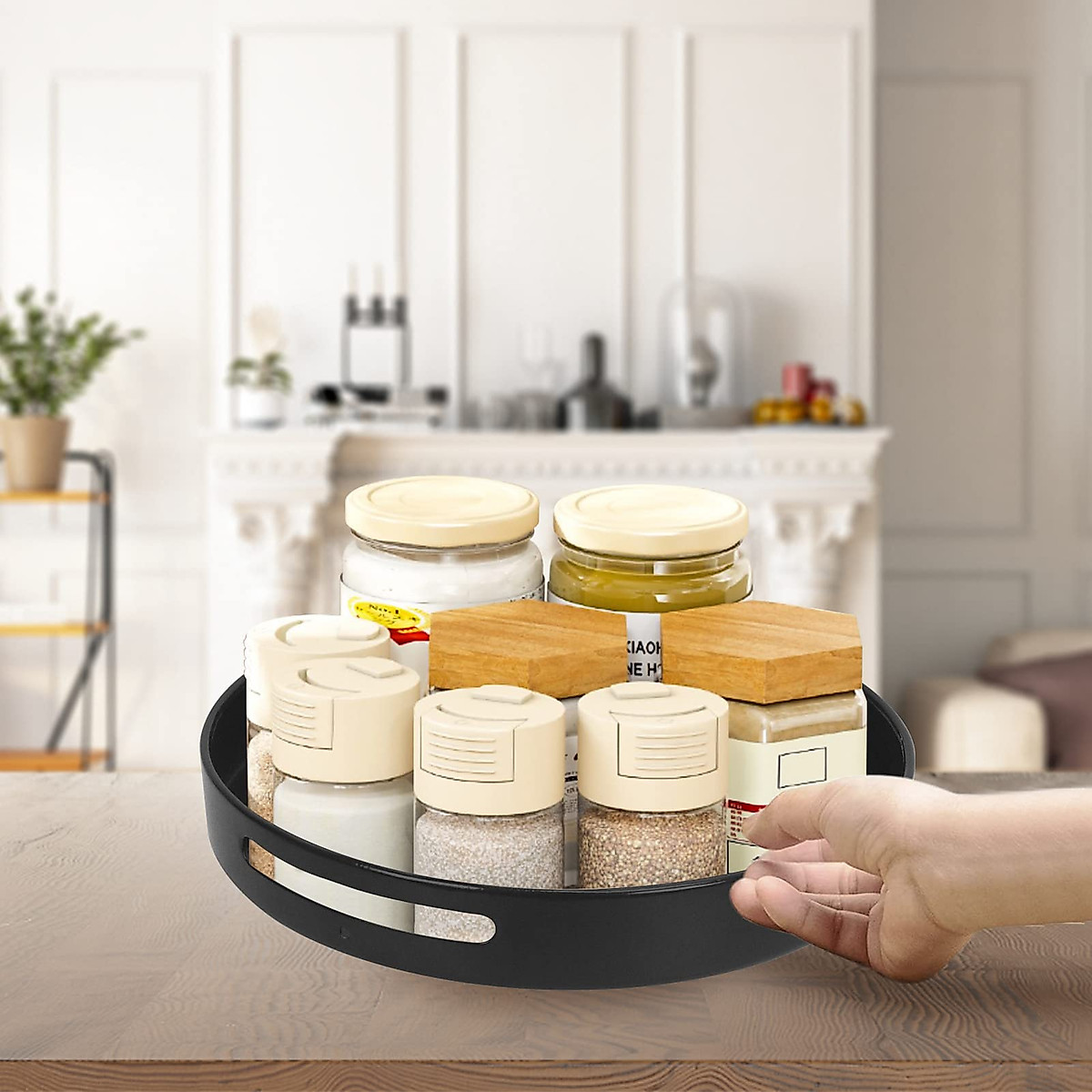 Songaa Lazy Susan Turntable Cabinet Organizer Rotating Spice Storage Rack, 360 Degree Rotating Spice Rack Metal Lazy Susan for Cabinet Pantry Kitchen Countertop Refrigerator Table Storage Black