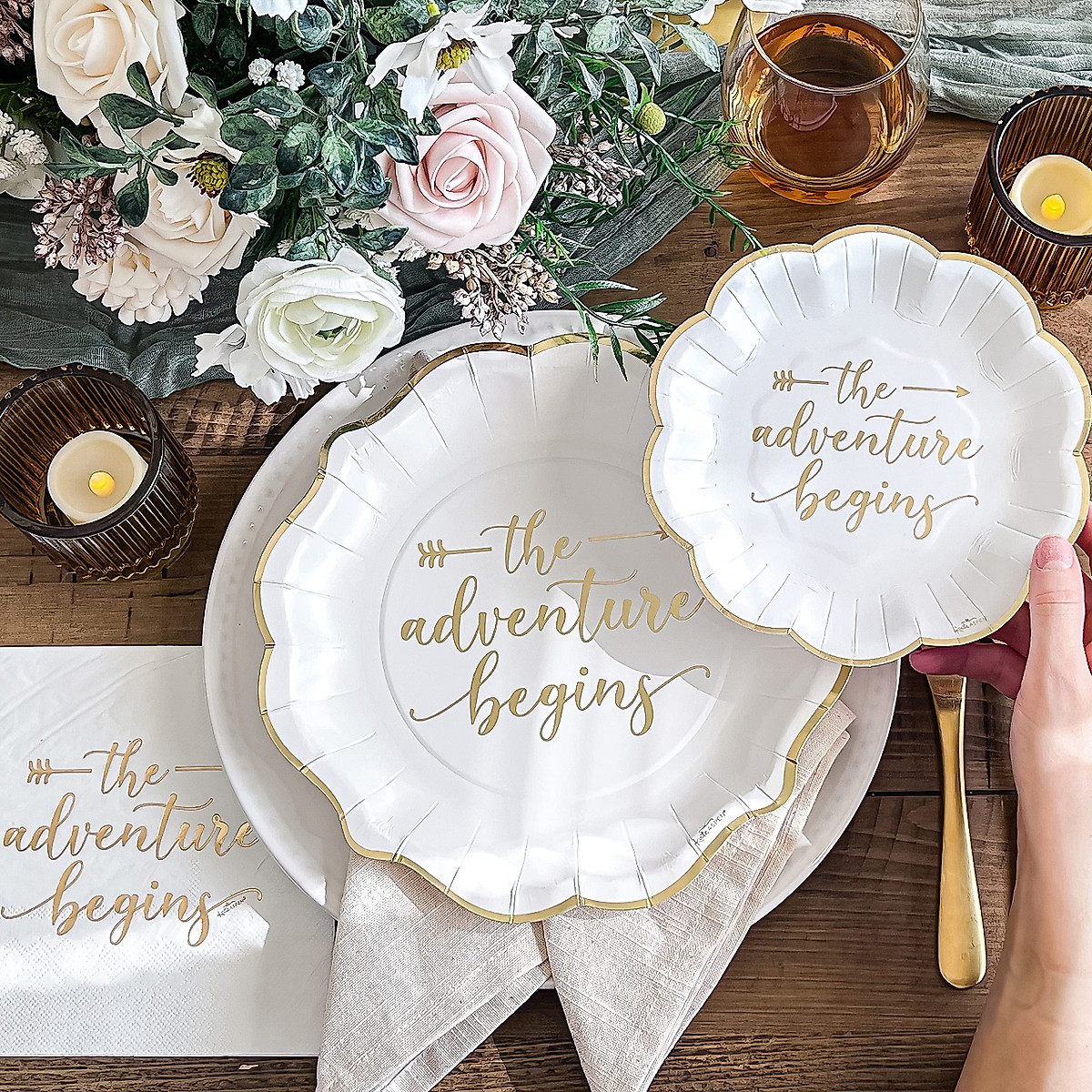 Kate Aspen The Adventure Begins 72 Piece Classic & Elegant Paper Party Tableware Set (24 Guests), Party Supplies, Wedding Decor for Bridal Showers, Engagements and Receptions