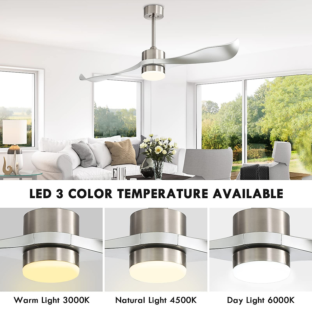 WINGBO 52" DC Ceiling Fan with Lights and Remote, Brushed Nickel and Silver Ceiling Fan, 2 Curved ABS Plastic Blades, 6-Speed DC Motor, Modern Ceiling Fan for Kitchen Bedroom Living Room, ETL Listed