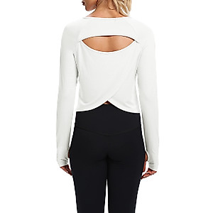 Bestisun Long Sleeve Open Back Workout Shirts Yoga Athletic Tops Gym Dance Fall Clothes for Women White M