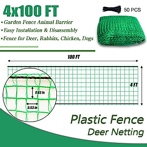 Hortifan Temporary Fence Plastic Mesh Fencing, 4FT x 100FT Garden Bird Netting Safety Fence Snow Fence, Construction Fencing for Deer, Pet, Rabbits, Chicken, Dogs, Animal Barrier, Green