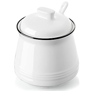 DAYYET Sugar Bowl with Lid and Spoon, 12 oz Ceramic Sugar Bowl with Spoon, Sugar Container for Coffee Bar, Sugar Jar Sugar Dispenser Bowl, Modern Kitchen Decor, White